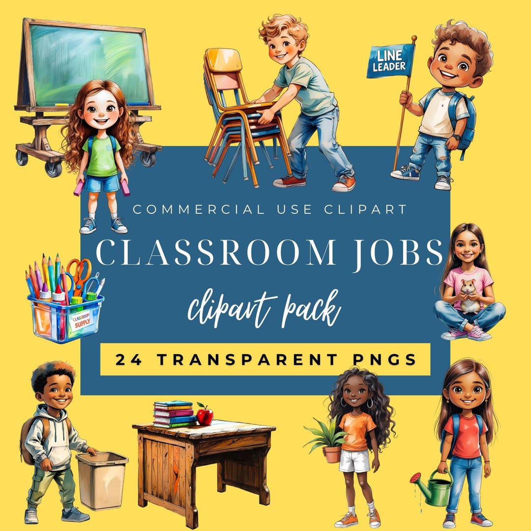 24 PNG Watercolor Classroom Jobs Clipart Pack – Elementary Kids Helping ...