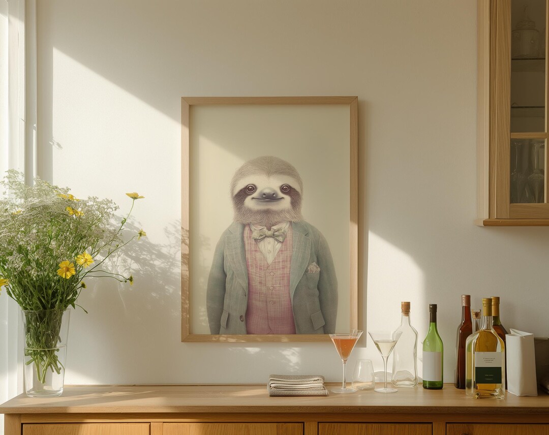 Dapper Sloth in Vintage Attire Digital Art for Home or Cards Quaint Animal Print Download - Etsy