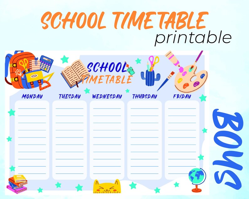 Printable Timetable, School Schedule for Kids, School Supplies Theme ...