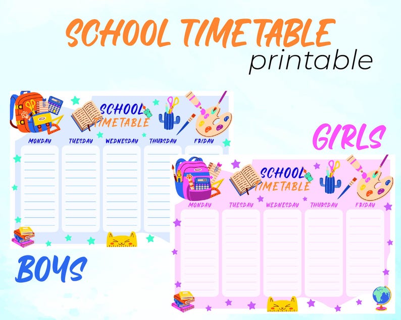 Printable Timetable, School Schedule for Kids, School Supplies Theme ...