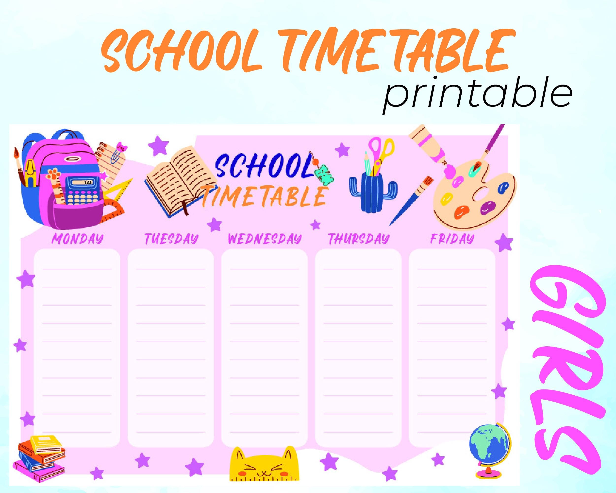 Printable Timetable, School Schedule for Kids, School Supplies Theme ...