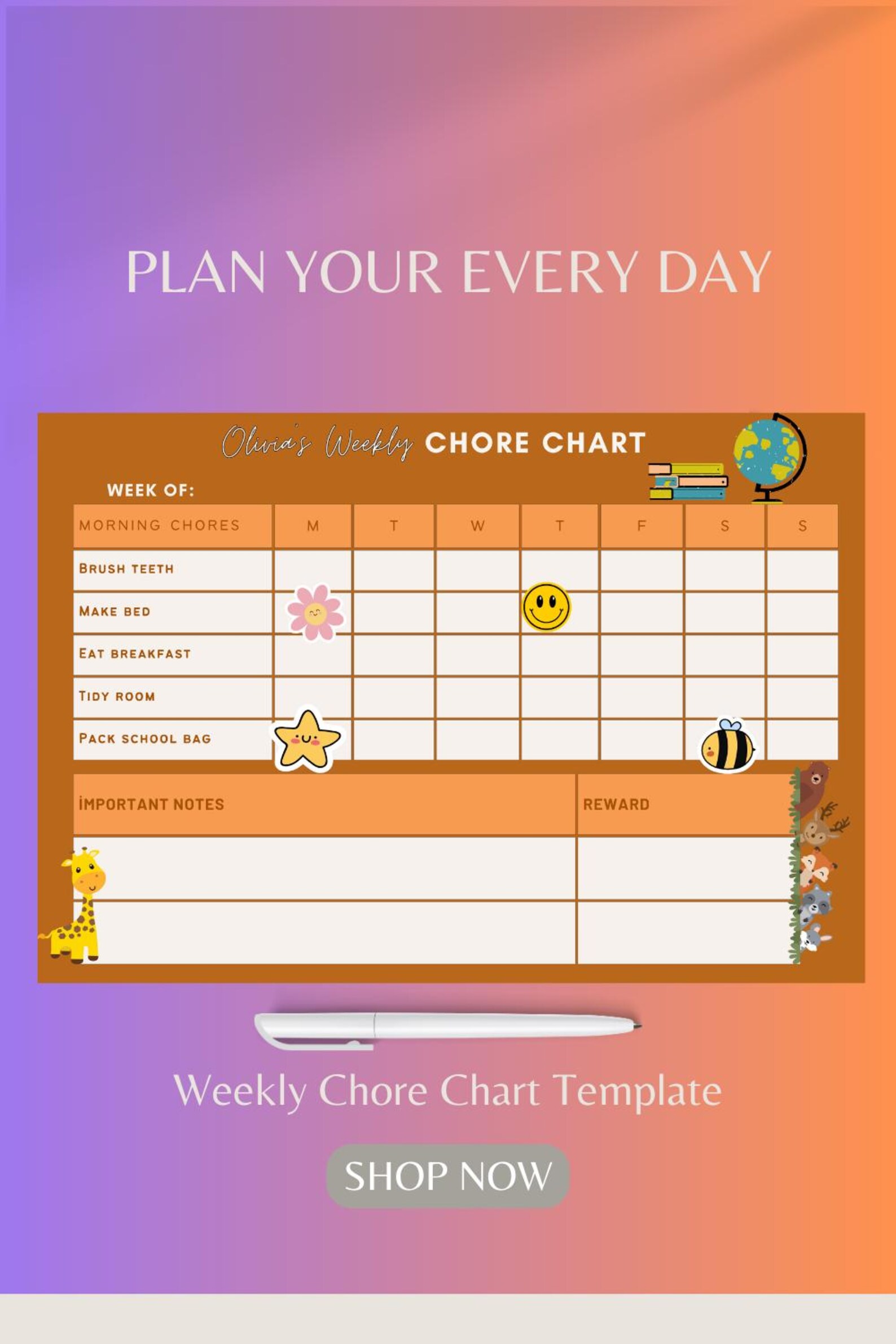 Editable Weekly Chore Chart for Kids Printable Kids Daily Weekly ...