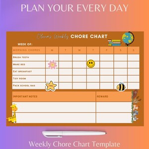 Editable Weekly Chore Chart for Kids Printable Kids Daily Weekly ...