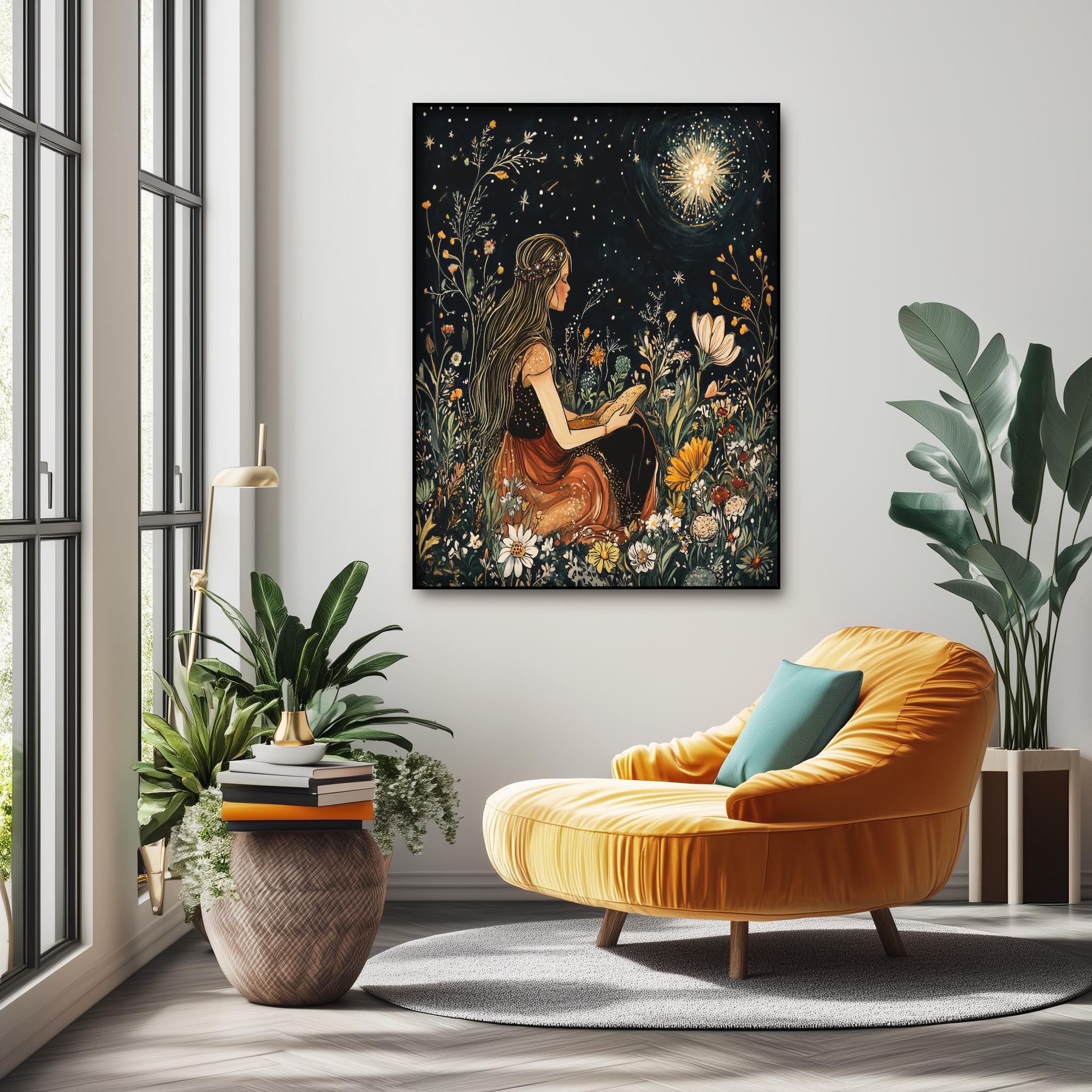 Magical Starry Night Garden Art Inspirational Girl in Floral Field ...