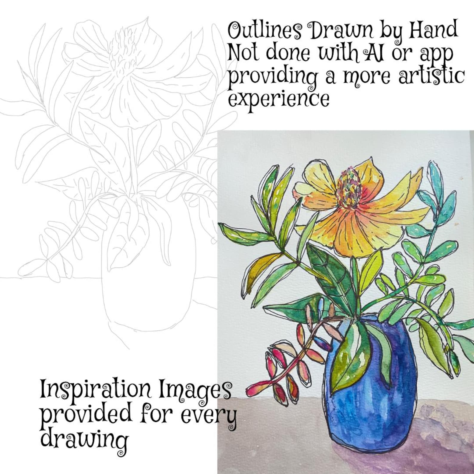 Outlines and Coloring Pages for Watercolor Gouache Colored Pencil ...