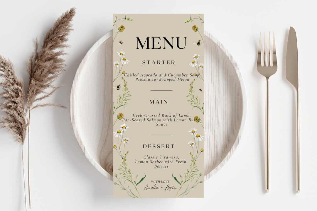 Wedding Menu Card, Wedding Menu Template, Wildflower Menu Card Template ...