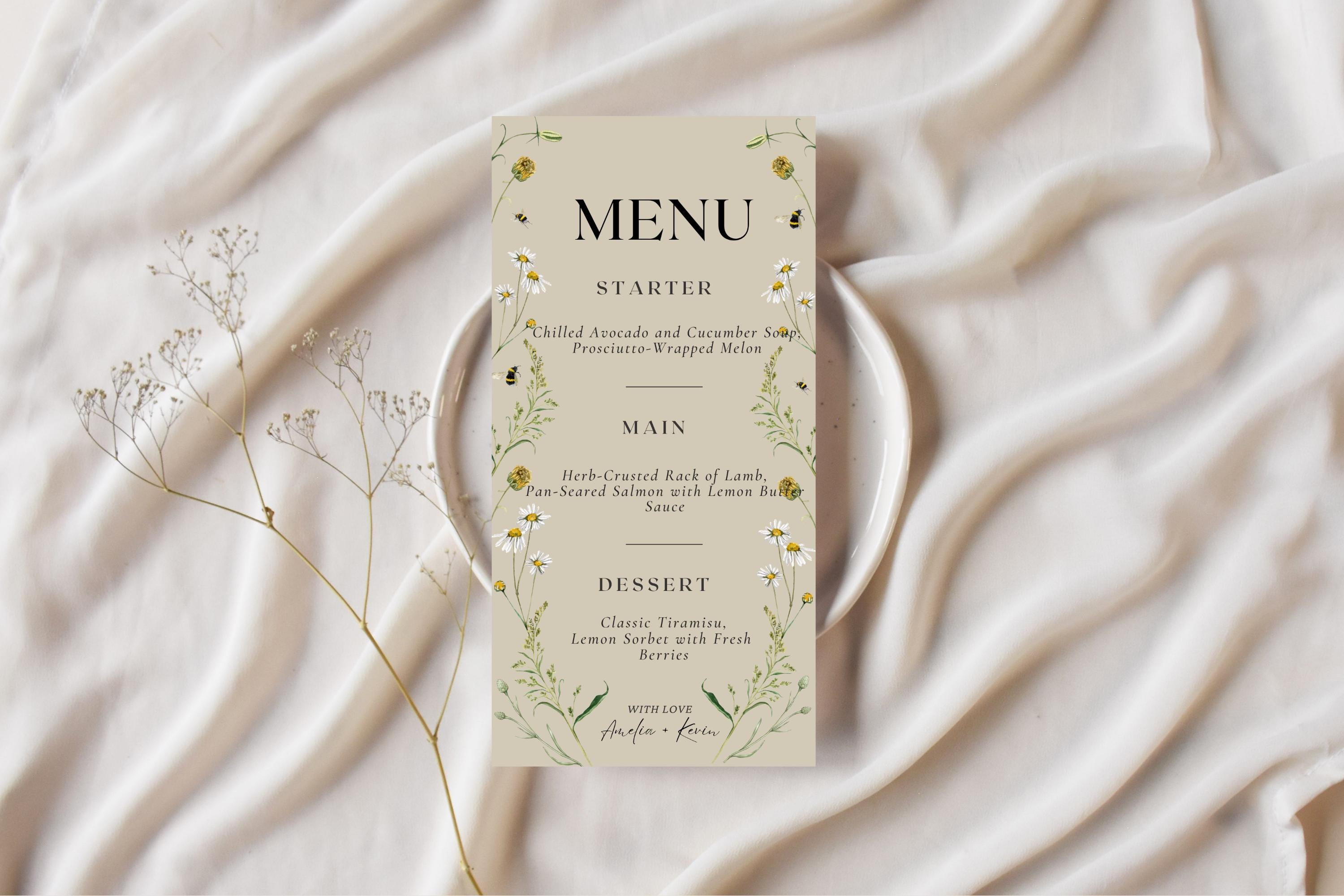 Wedding Menu Card, Wedding Menu Template, Wildflower Menu Card Template ...