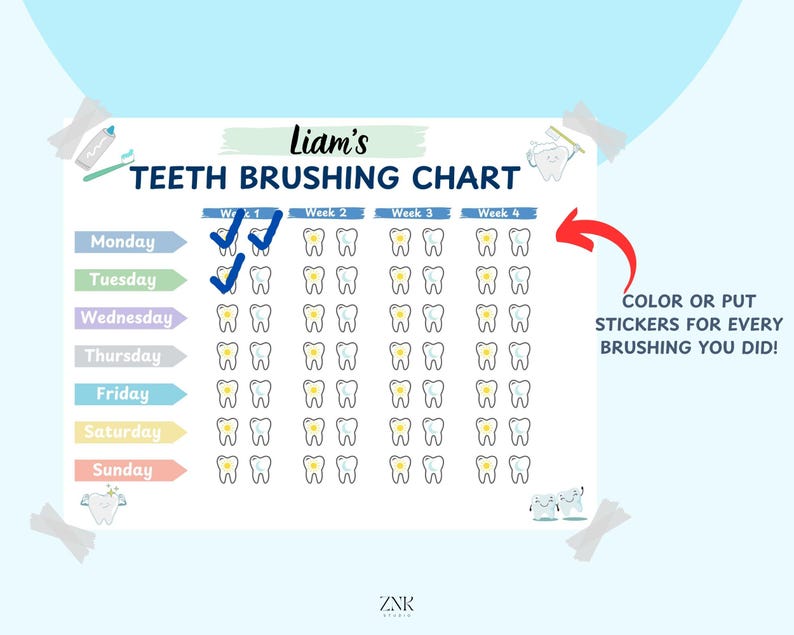 Teeth Brushing Chart for Kids, Teeth Brushing Reminder, Tooth Chart ...