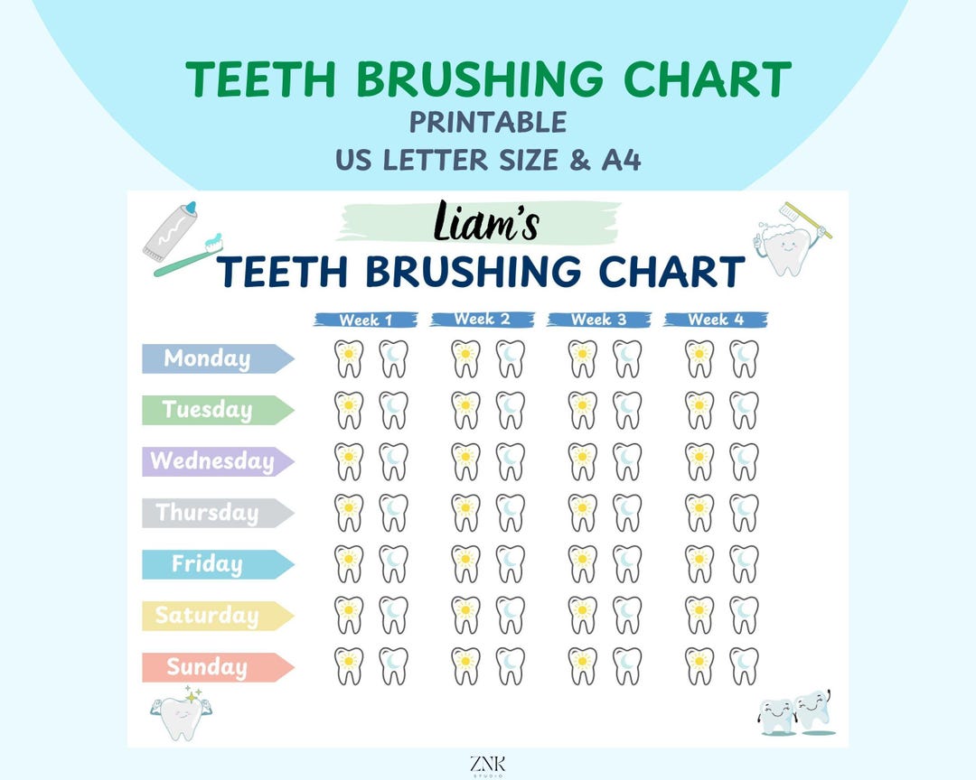 Teeth Brushing Chart for Kids, Teeth Brushing Reminder, Tooth Chart ...