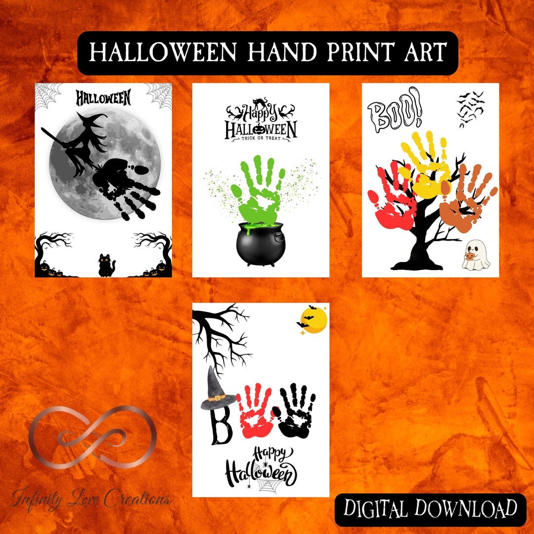 Spooky Halloween Hand Print Art Set - 4 Printable Designs in PDF + JPEG ...