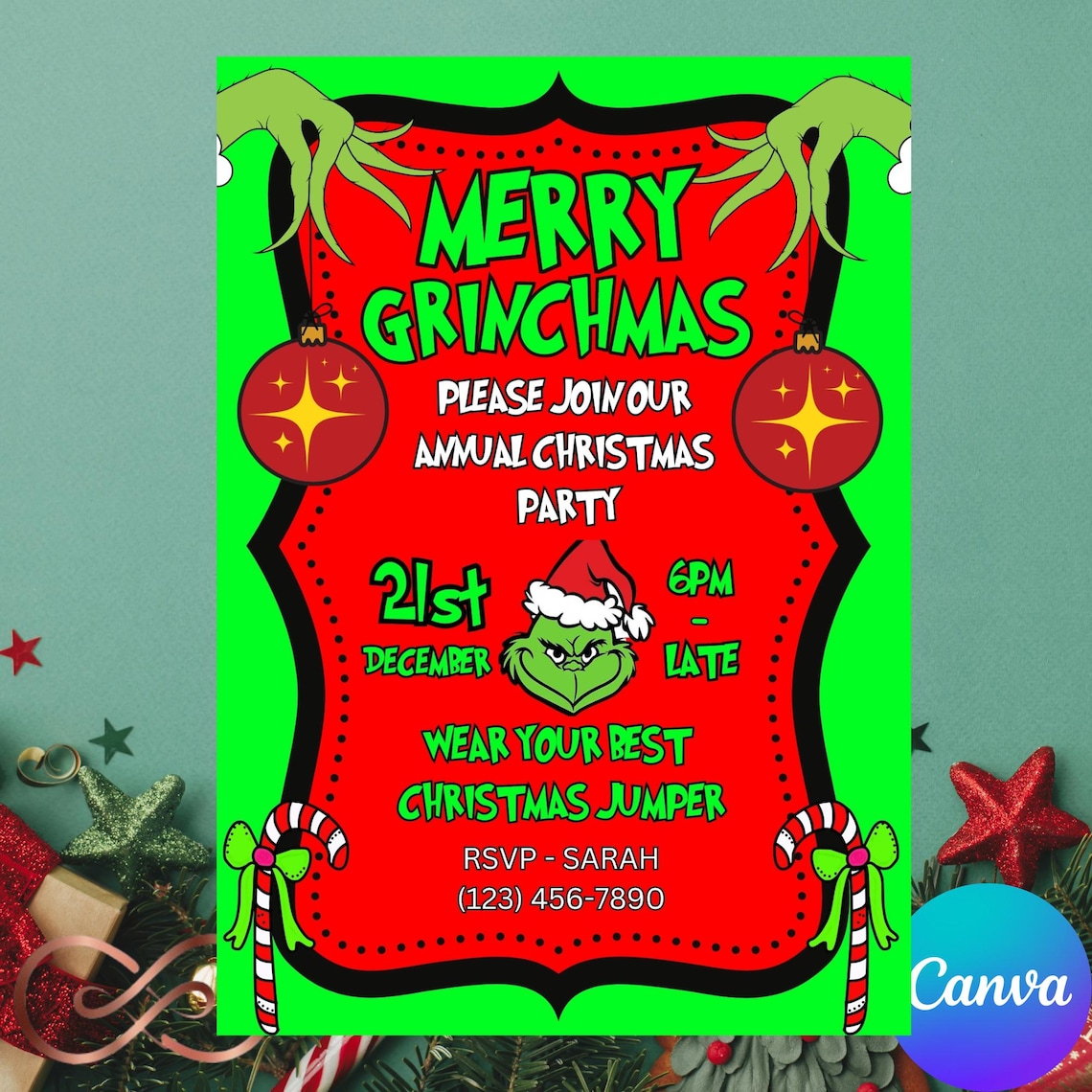 Editable Grinch-themed Christmas Invitation | Holiday Party | Canva ...