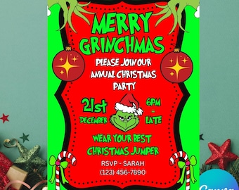 Editable Grinch Christmas Party Invitation: Canva Template (10x14 Inch ...