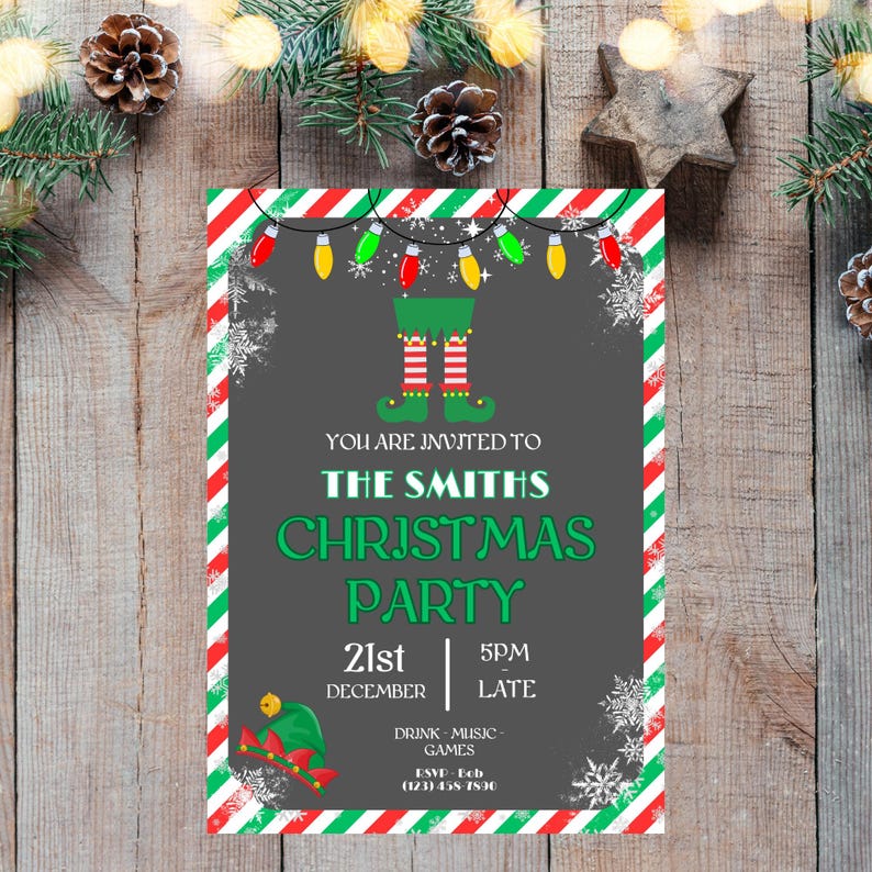 Editable Elf Christmas Party Invitation: 5x7 Printable Template ...