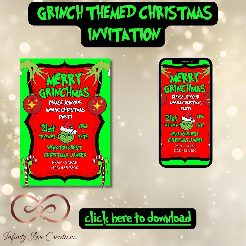 Editable Grinch Christmas Party Invitation: Canva Template (5x7 Inch ...