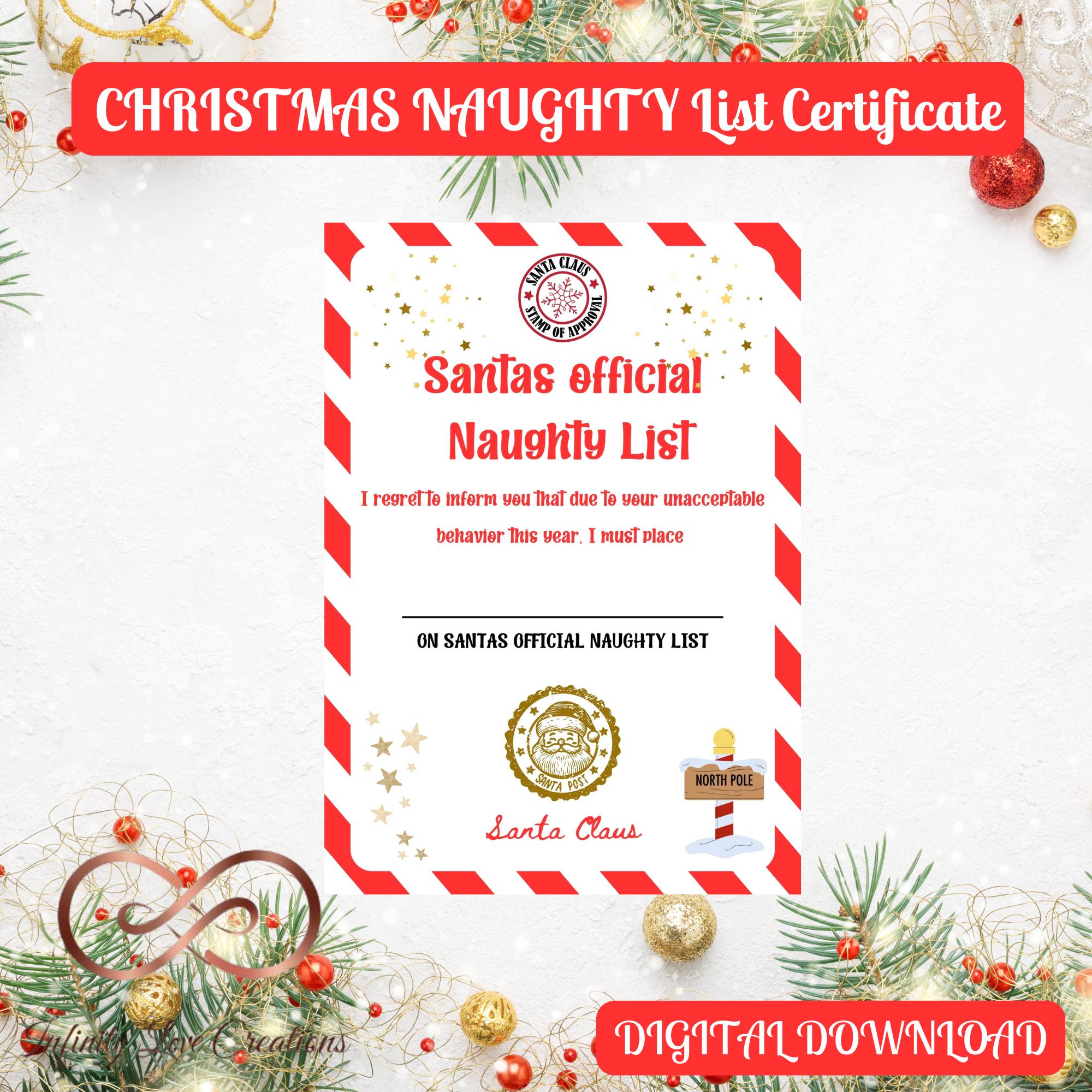 Santa's Naughty List Certificate Printable Funny Christmas Gag Gift ...