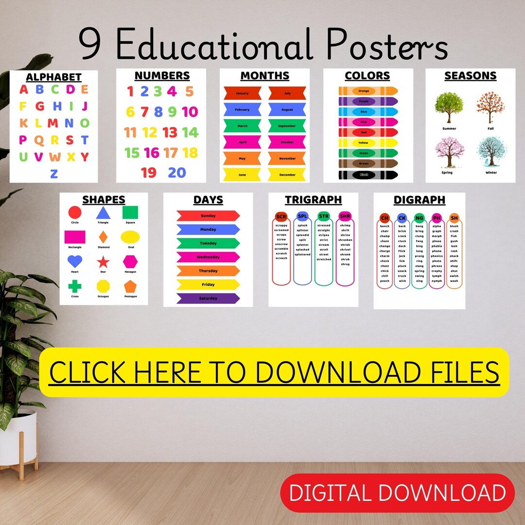 Bright Printable Educational Posters | Letters, Numbers, Colors, Shapes ...