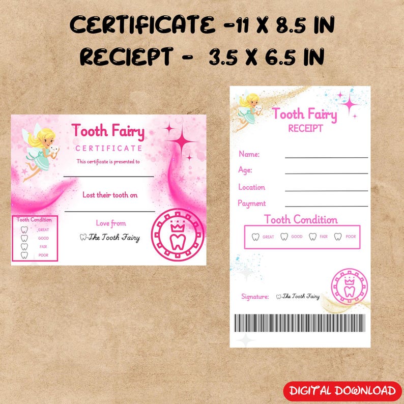 Magical Tooth Fairy Certificate & Receipt Bundle - Blue, Pink Designs ...