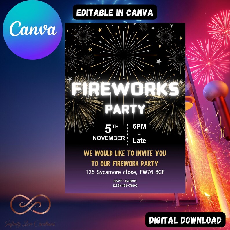 Editable Firework Night Invitation | Bonfire Party Canva Template ...