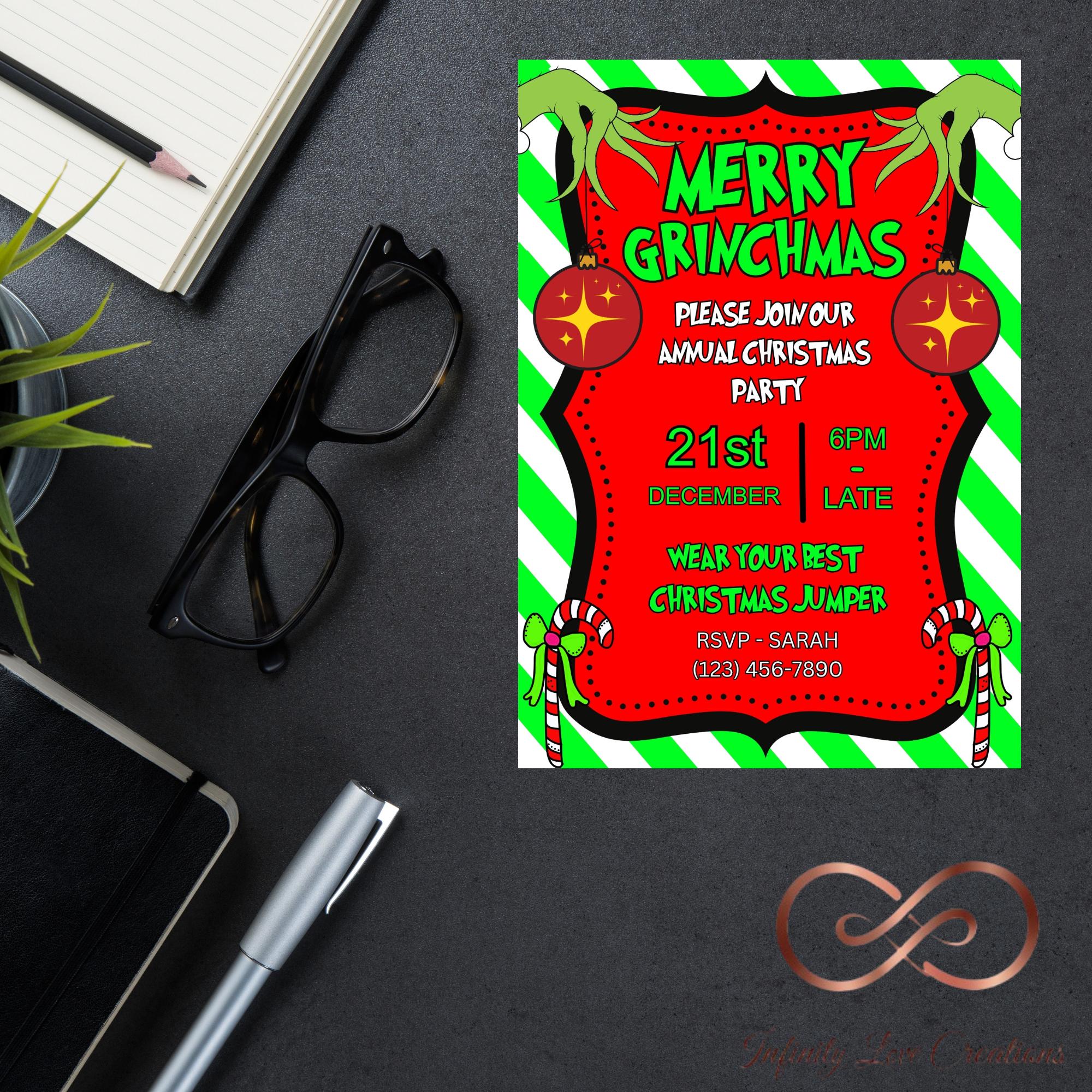 Editable Grinch Christmas Party Invitation: Canva Template (10x14 Inch ...