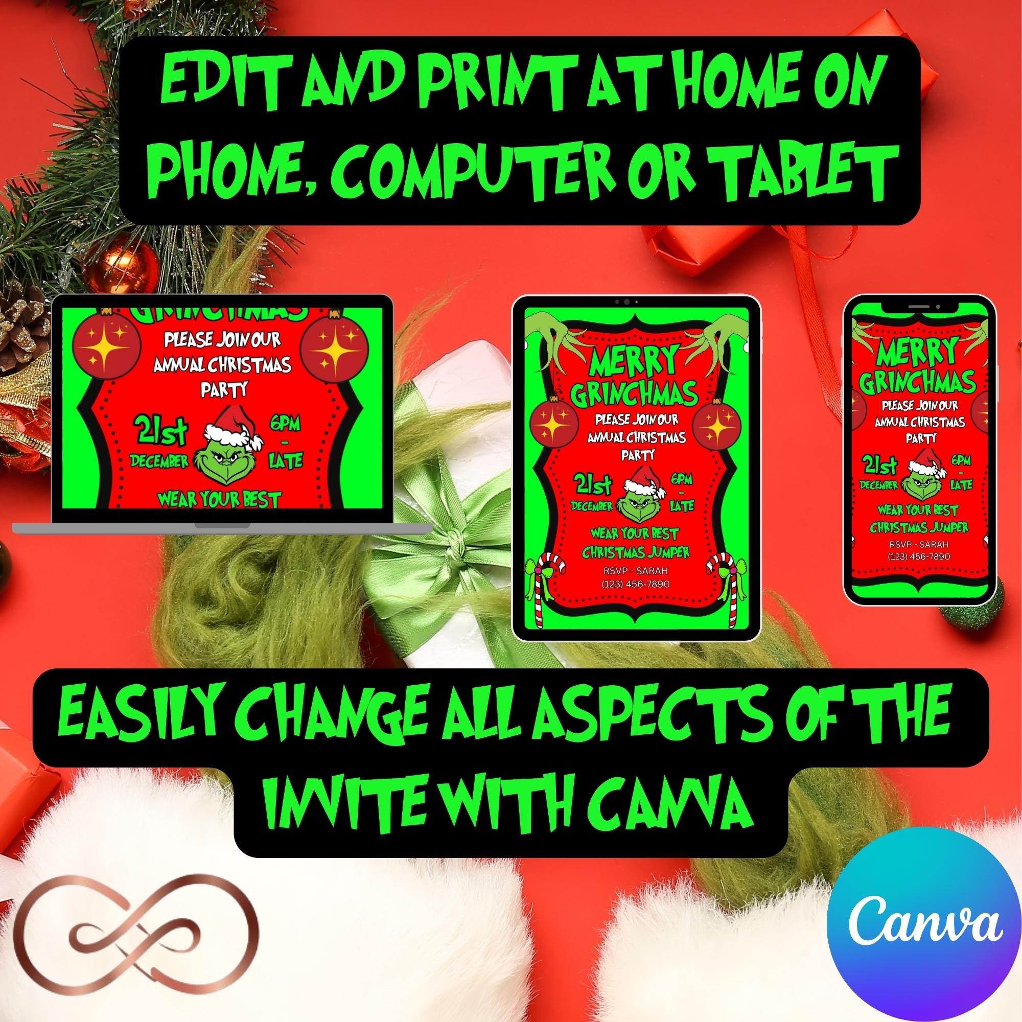 Editable Grinch Christmas Party Invitation: Canva Template (5x7 Inch ...