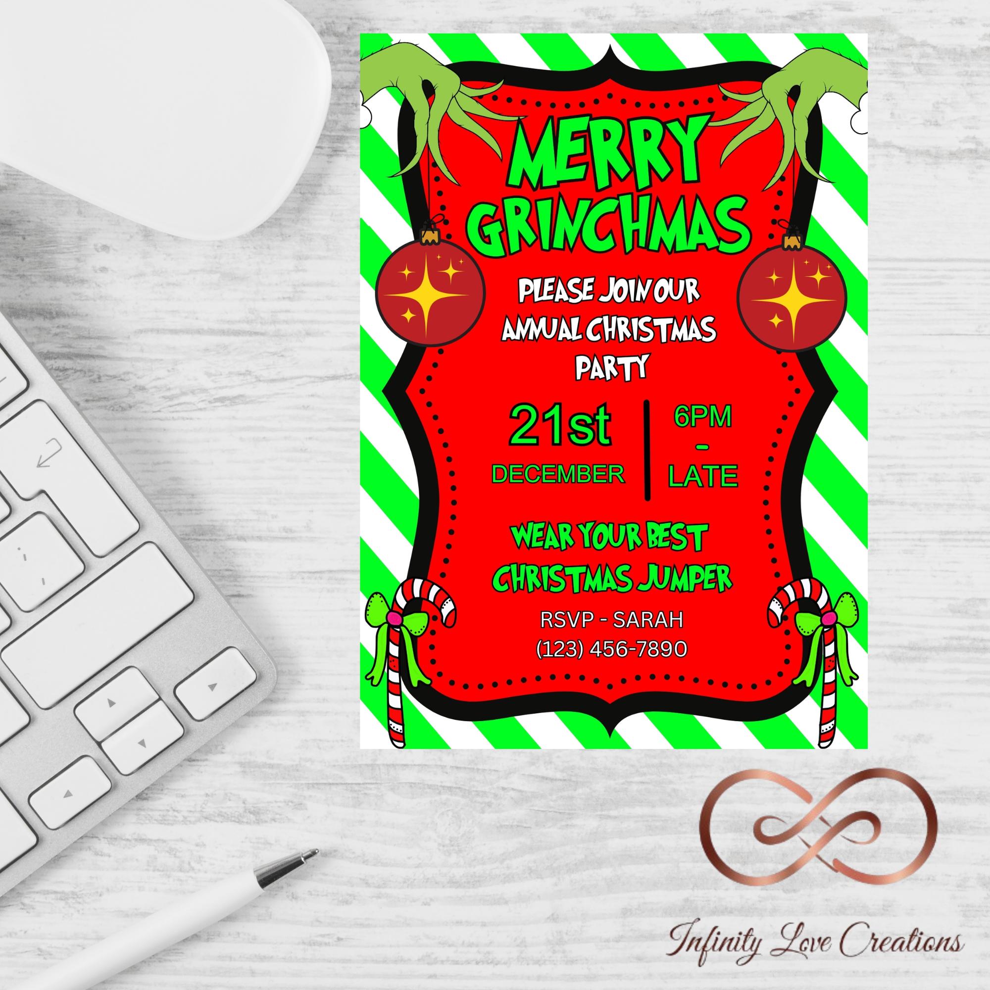 Editable Grinch Christmas Party Invitation: Canva Template (10x14 Inch ...