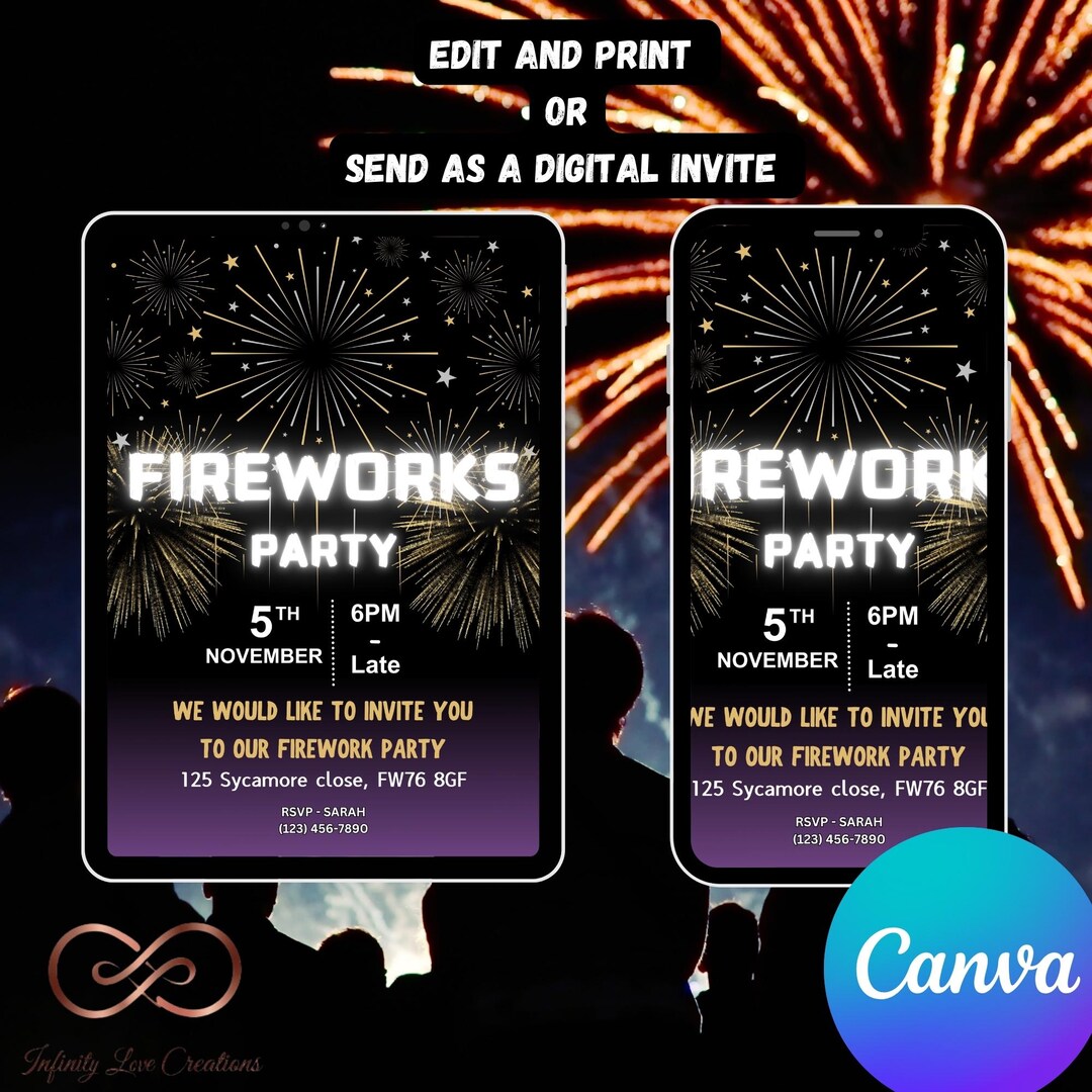 Editable Firework Night Invitation | Bonfire Party Canva Template ...