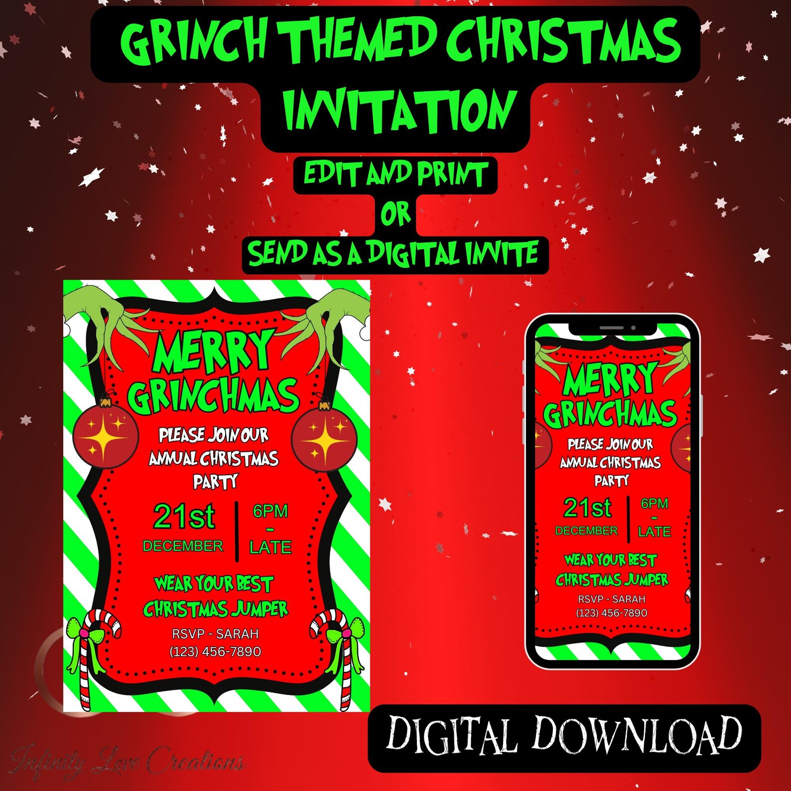 Editable Grinch Christmas Party Invitation: Canva Template (10x14 Inch ...