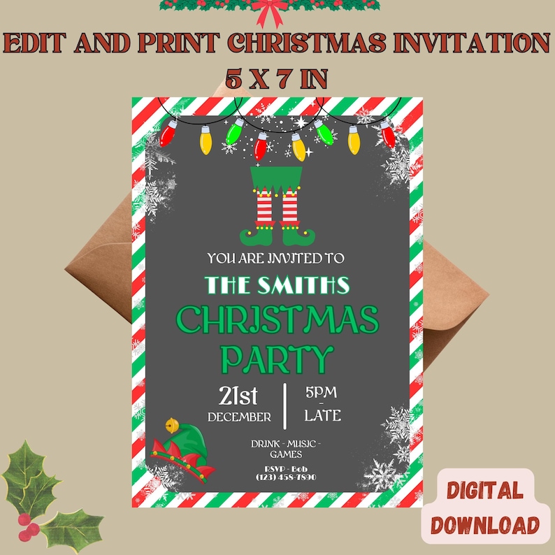 Editable Elf Christmas Party Invitation: 5x7 Printable Template ...