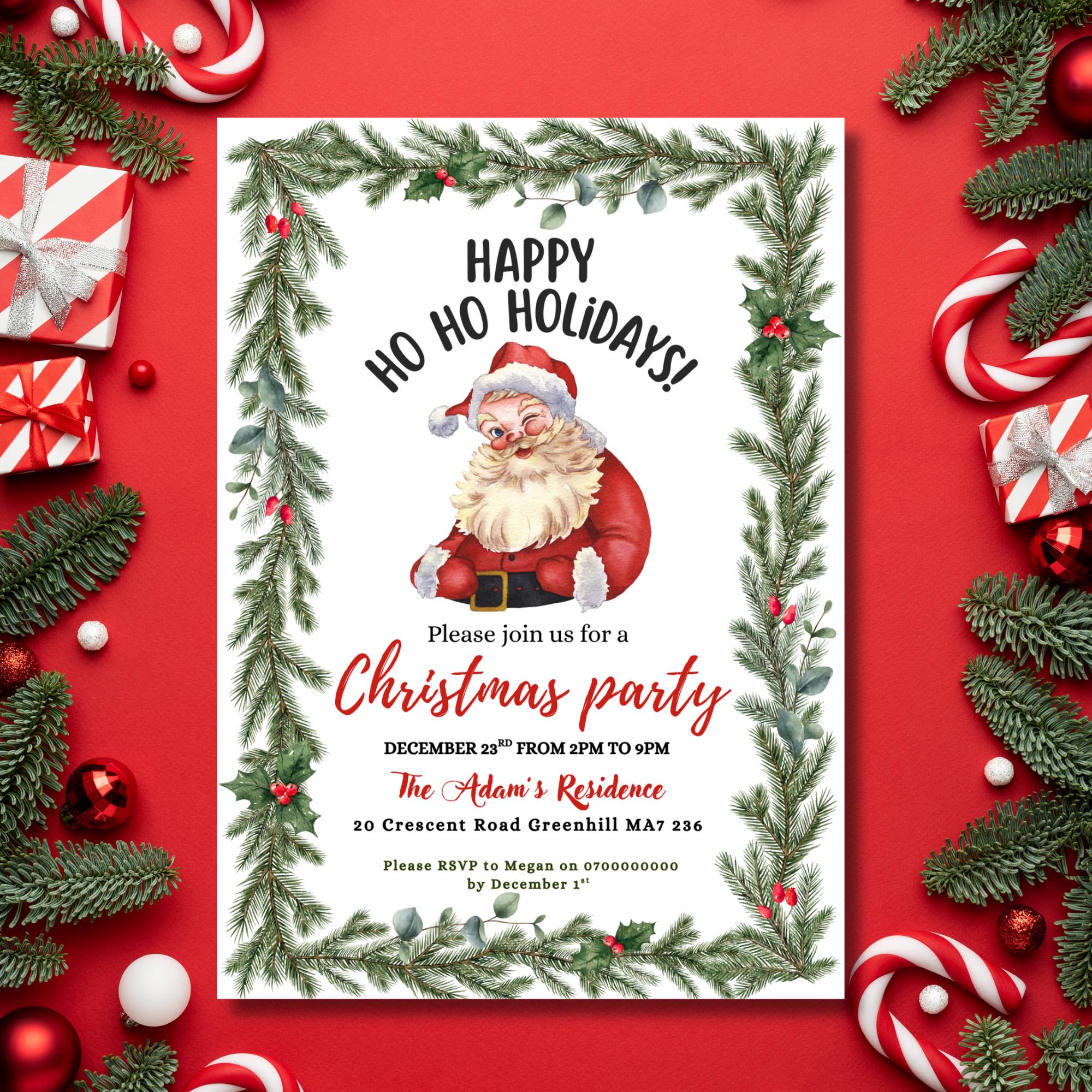 Editable Christmas Party Invitation, Santa Claus and Green Wreath ...