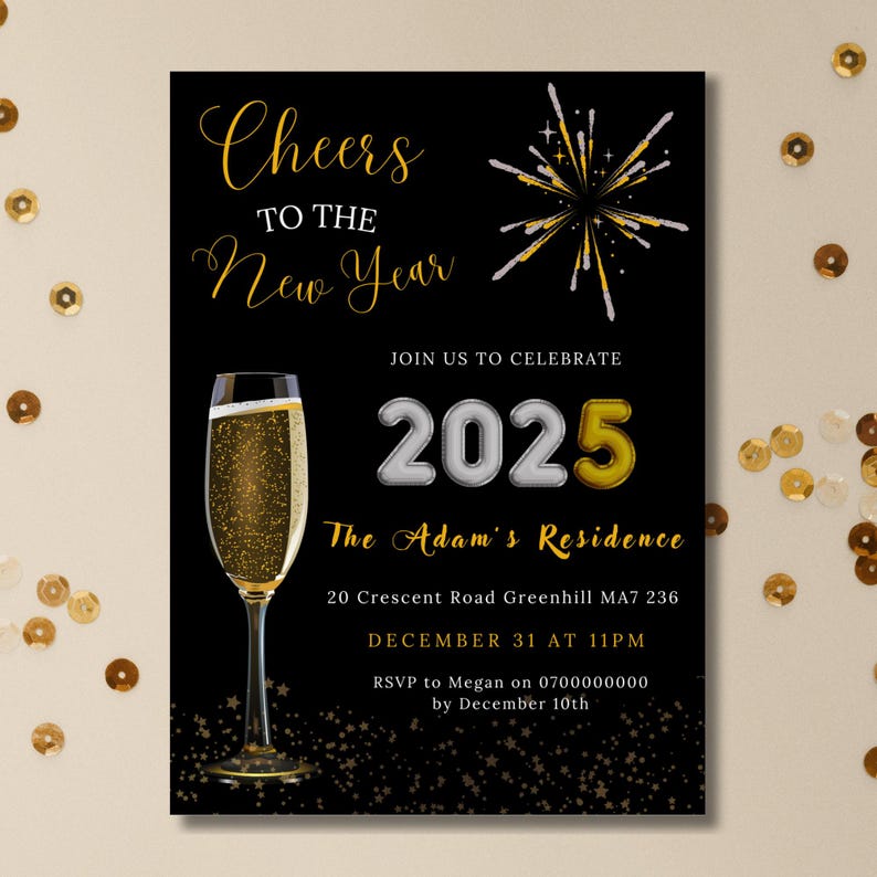 Editable New Year's Party 2025 Invite, Digital Invitation Champagne ...