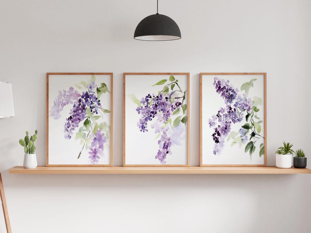 Watercolor Lilac Flower Wall Art, Set of 3 Lilac Floral Wall Decor ...