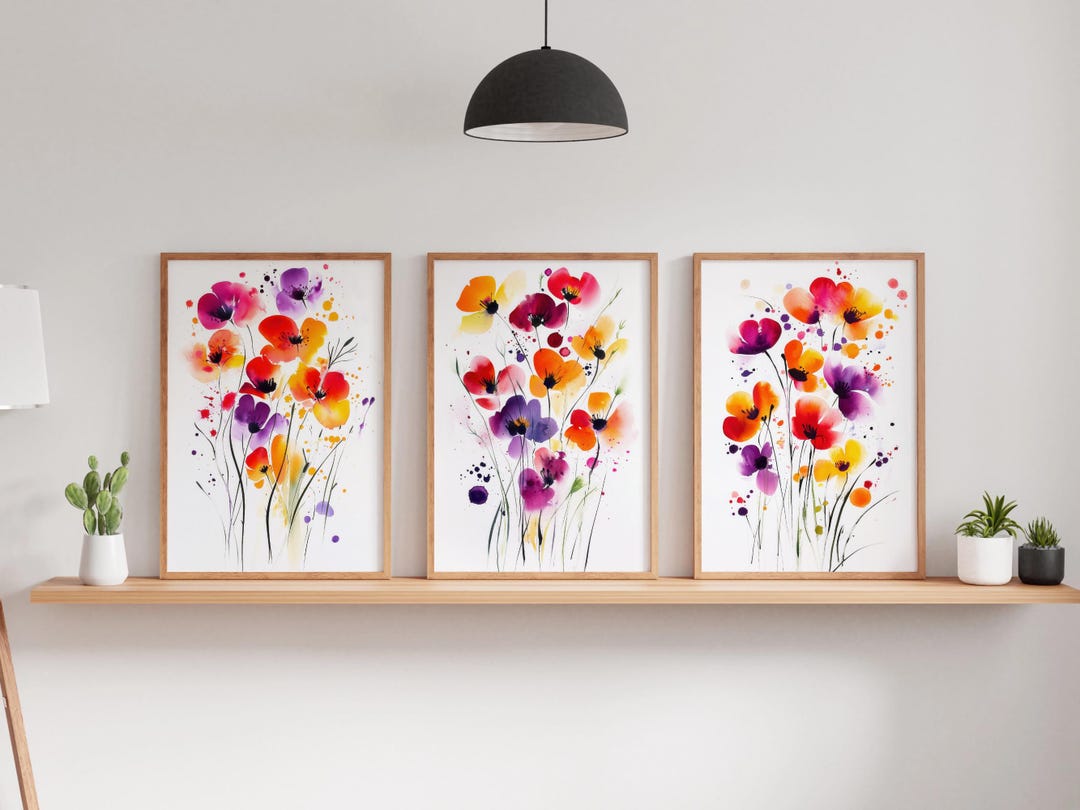 Wildflower Watercolor Print Set of 3, Colorful Wildflower Wall Art ...