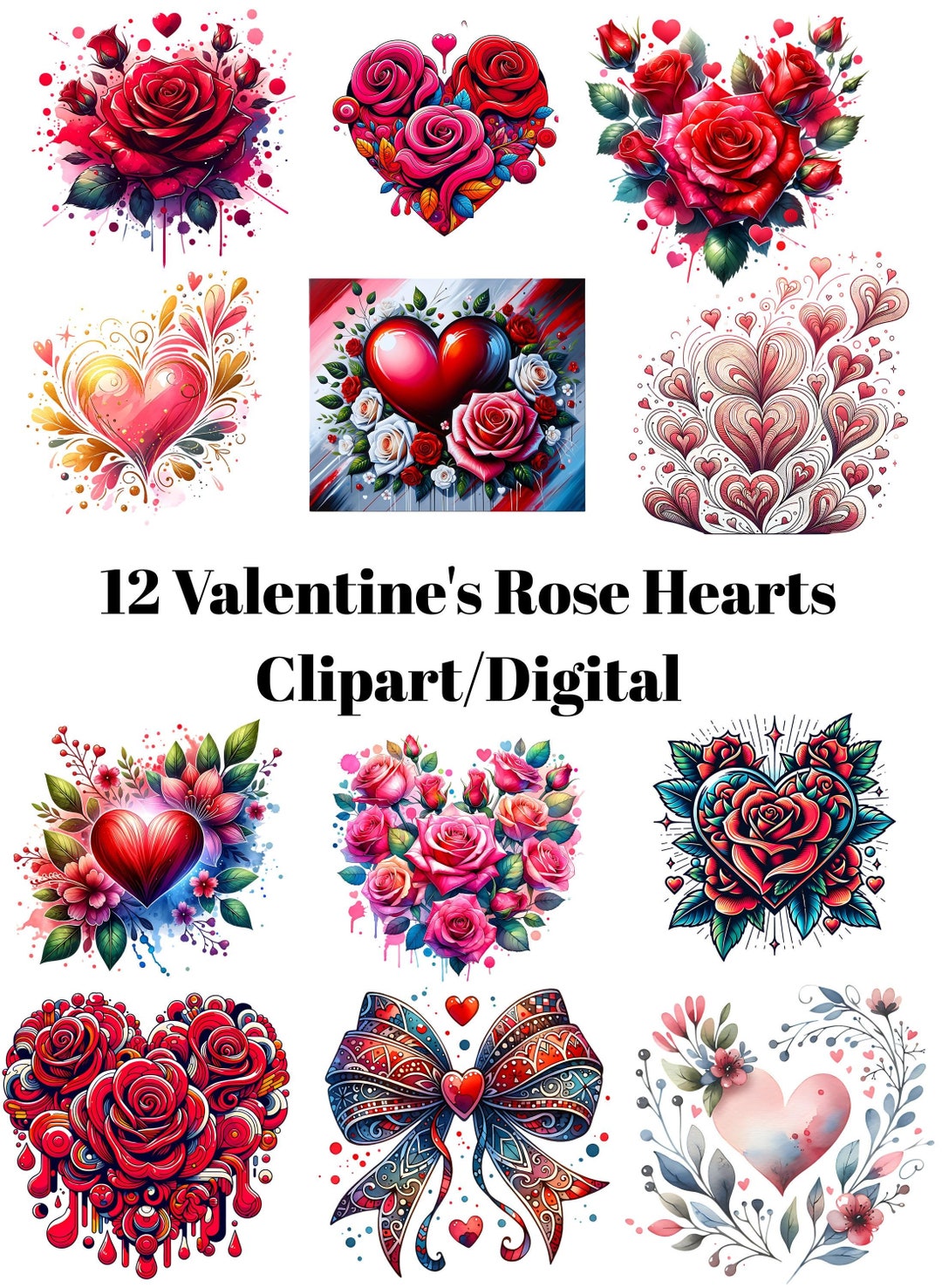 Valentine Heart Rose Clipart, Watercolor PNG Bundle, Digital Instant ...