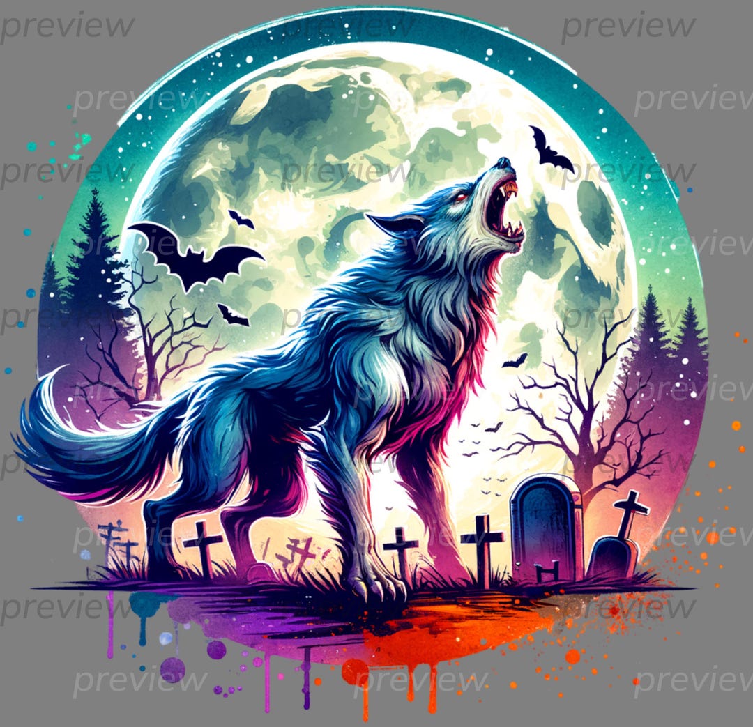 Howling Wolf Spooky Full Moon, Clipart, Halloween Watercolor, PNG ...