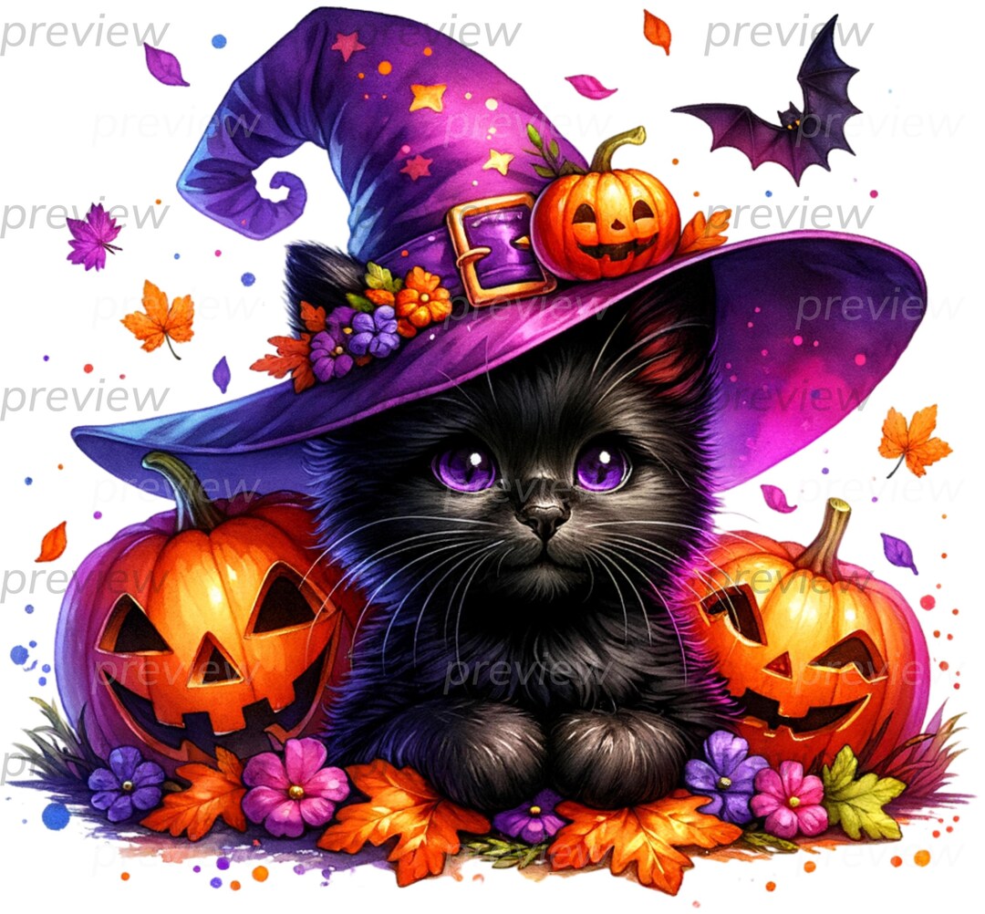 Cute Black Cat Witch Hat, Halloween, Clipart, Watercolor, PNG ...