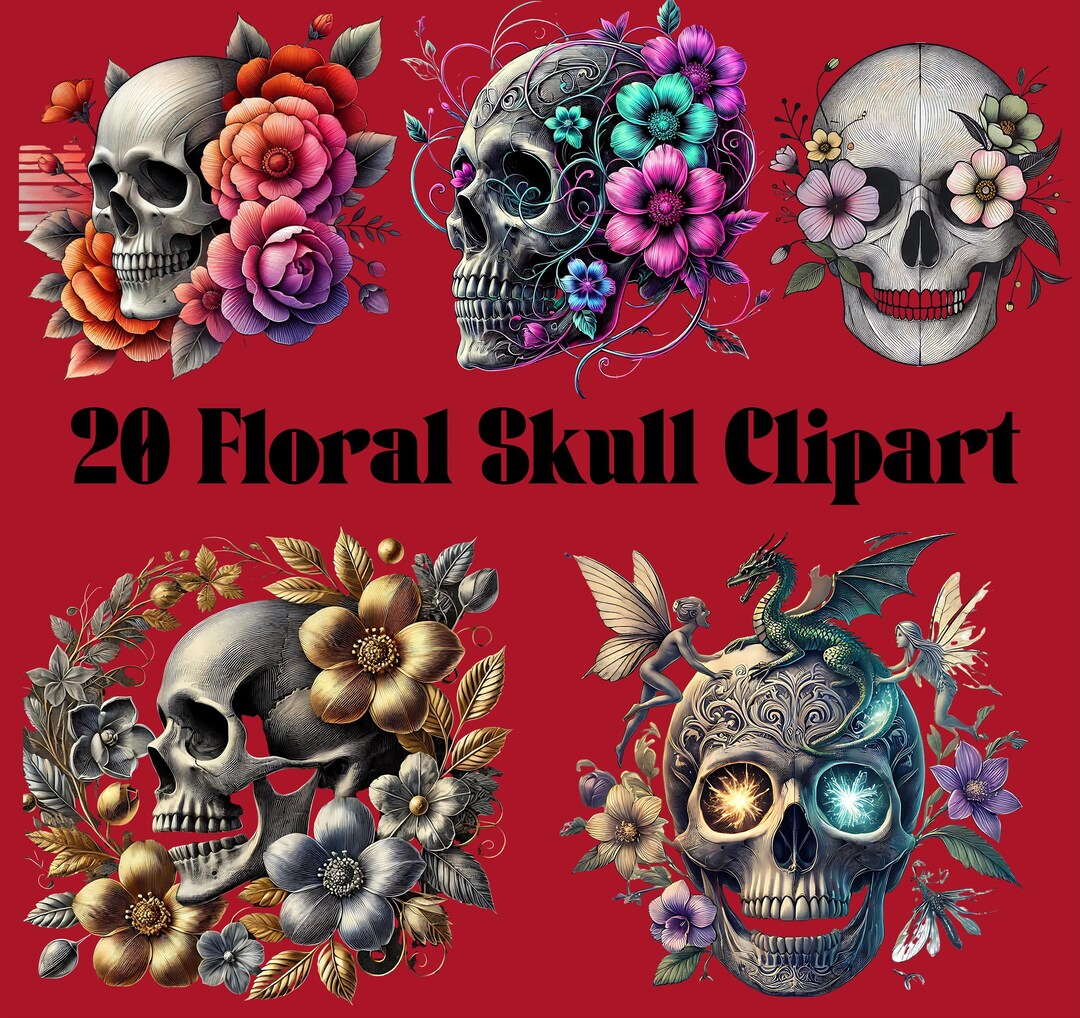 Floral Skull Clipart Bundle PNG Gothic Flower Skull Fantasy Sublimation ...