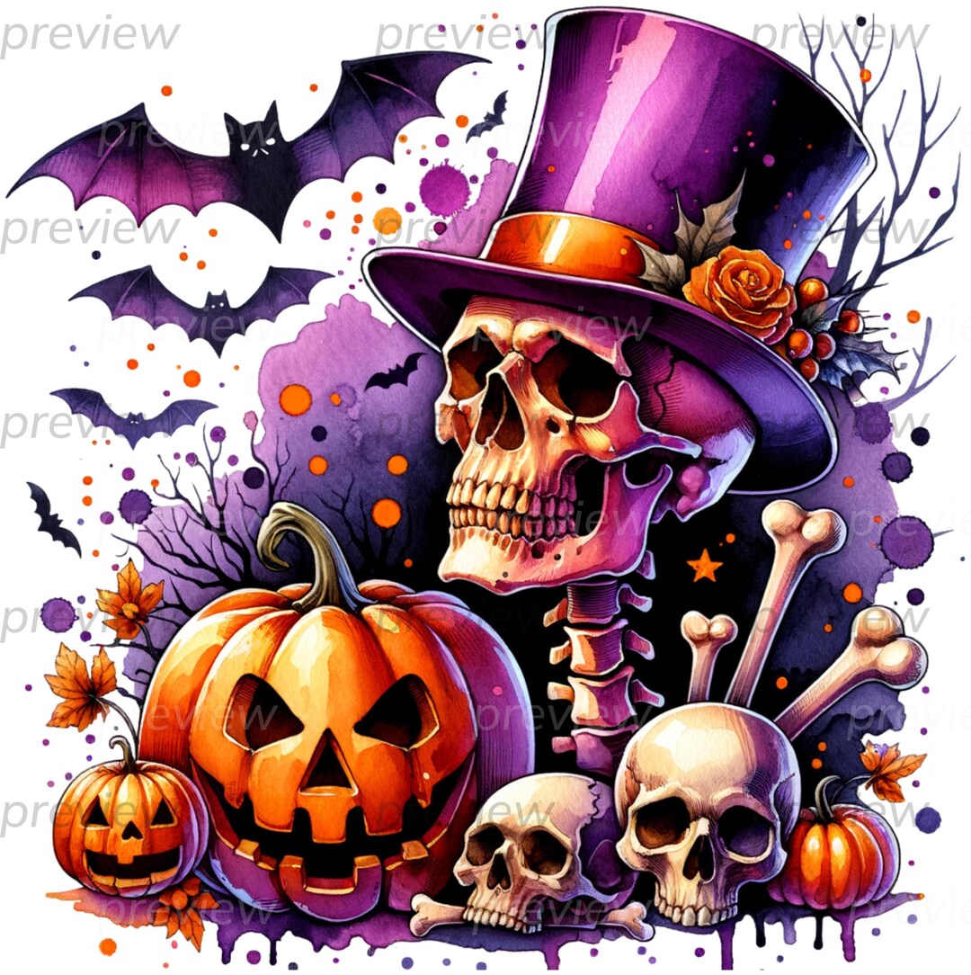 Halloween Skull Tophat Bats, Clipart, Watercolor, PNG, Commercial Use ...