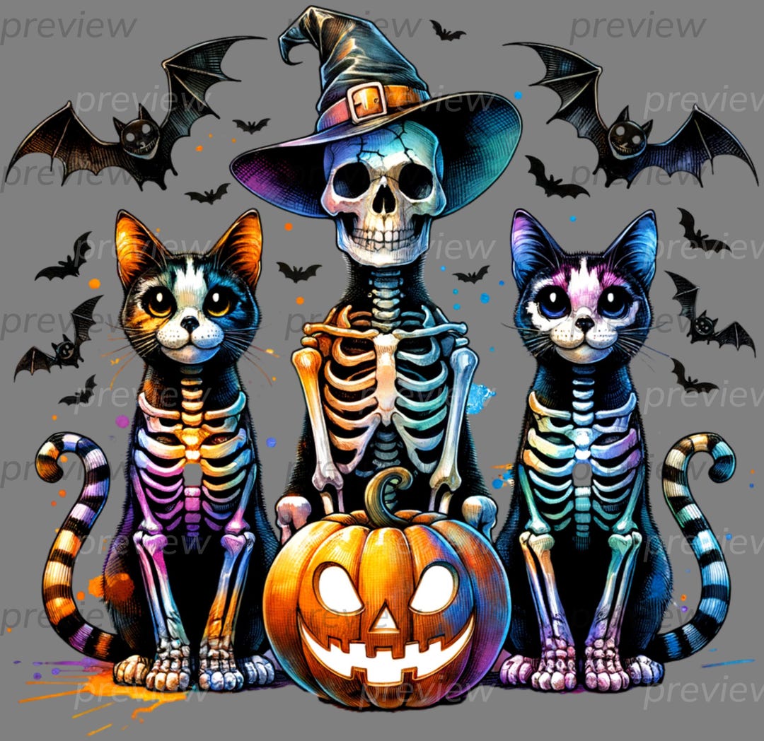 Halloween Skeleton Cats Trio, Clipart, Watercolor, PNG, Commercial Use ...