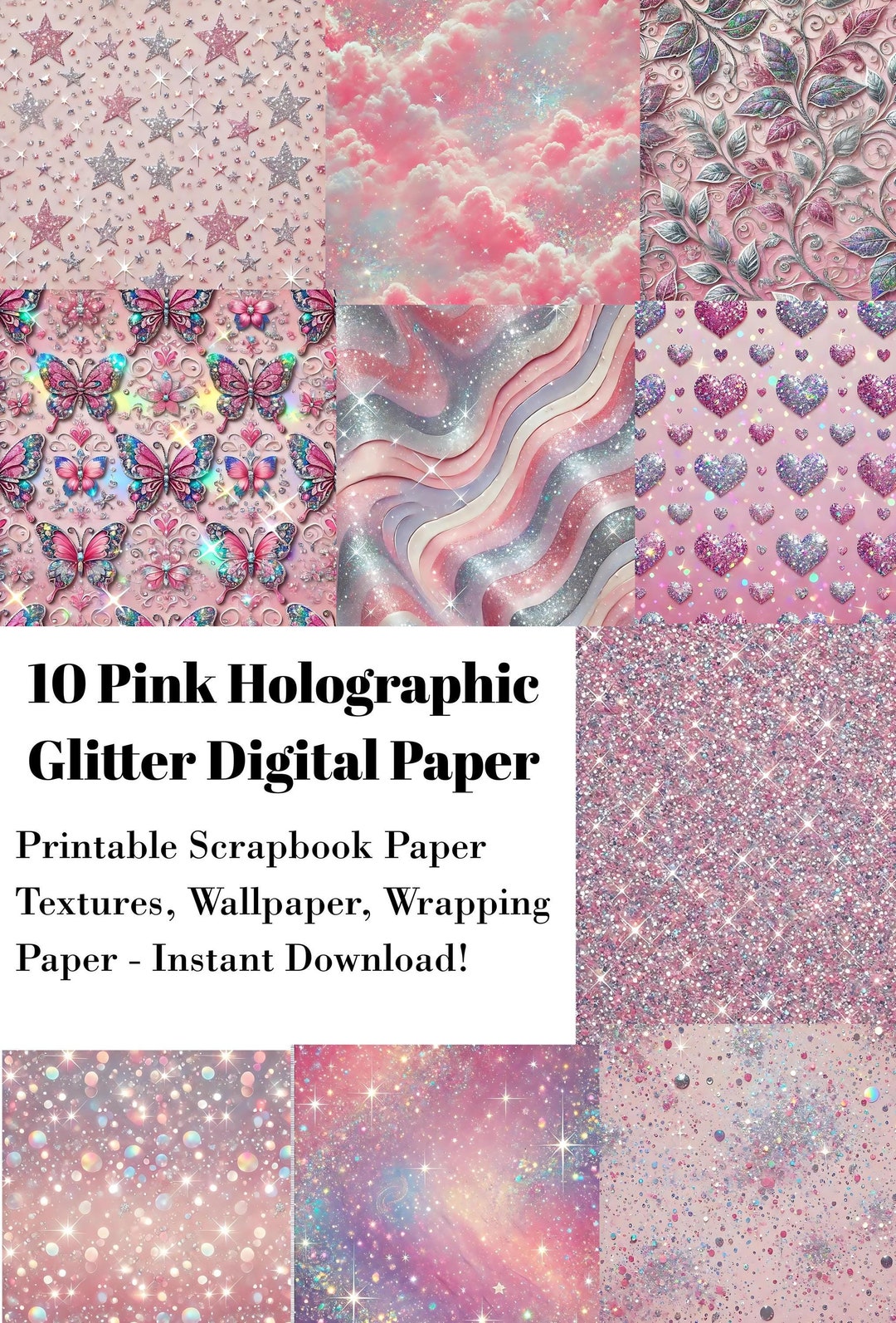 Pink Holographic Glitter Digital Paper, Volume 2,printable Scrapbook ...