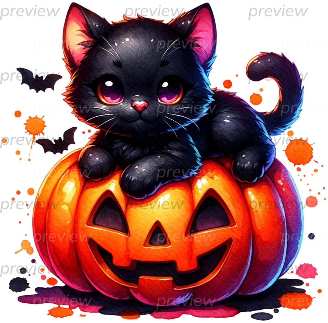 Adorable Halloween Black Cat, Clipart, Watercolor, PNG, Commercial Use ...