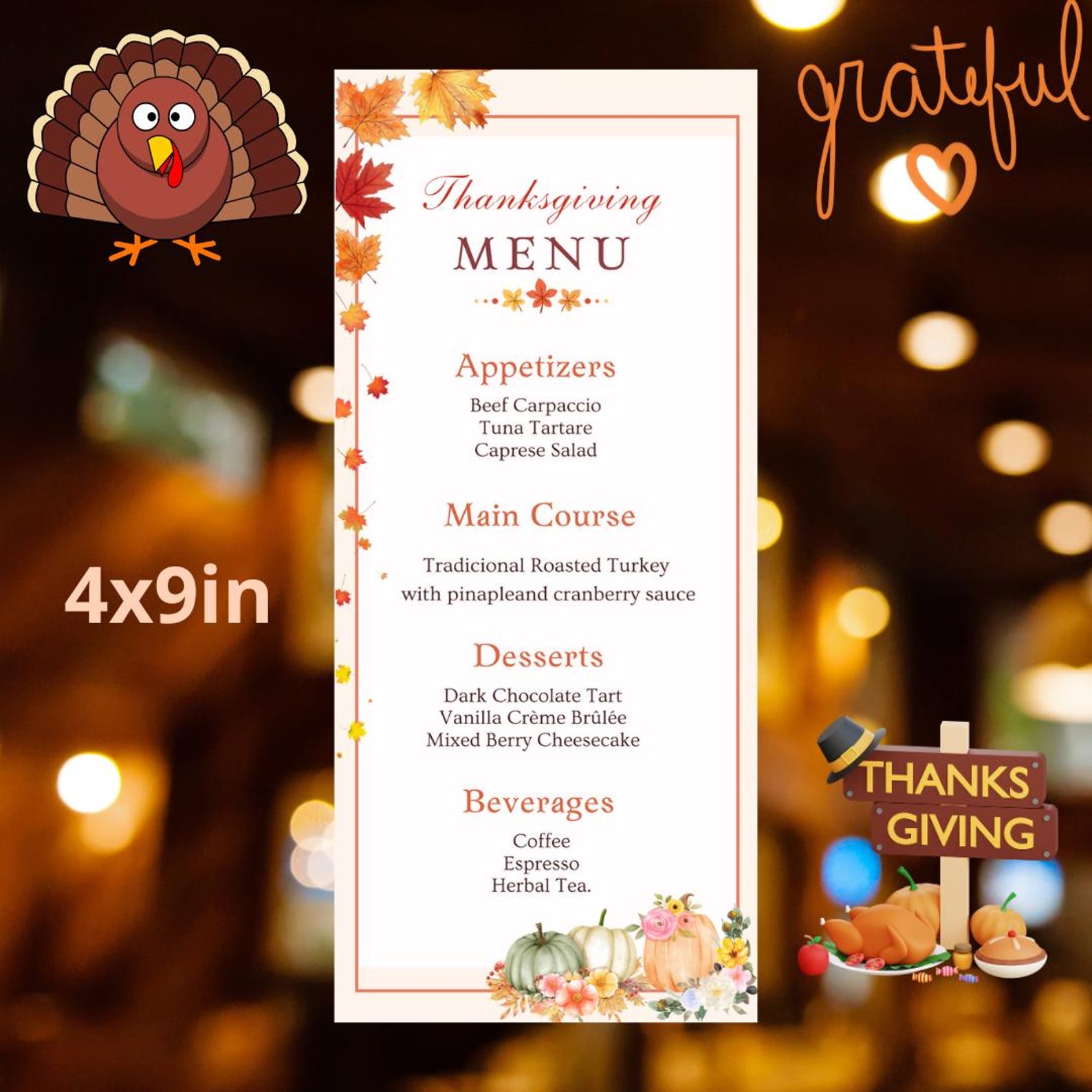 Editable Thanksgiving Menu Template 4x9in Customizable in Canva Digital ...