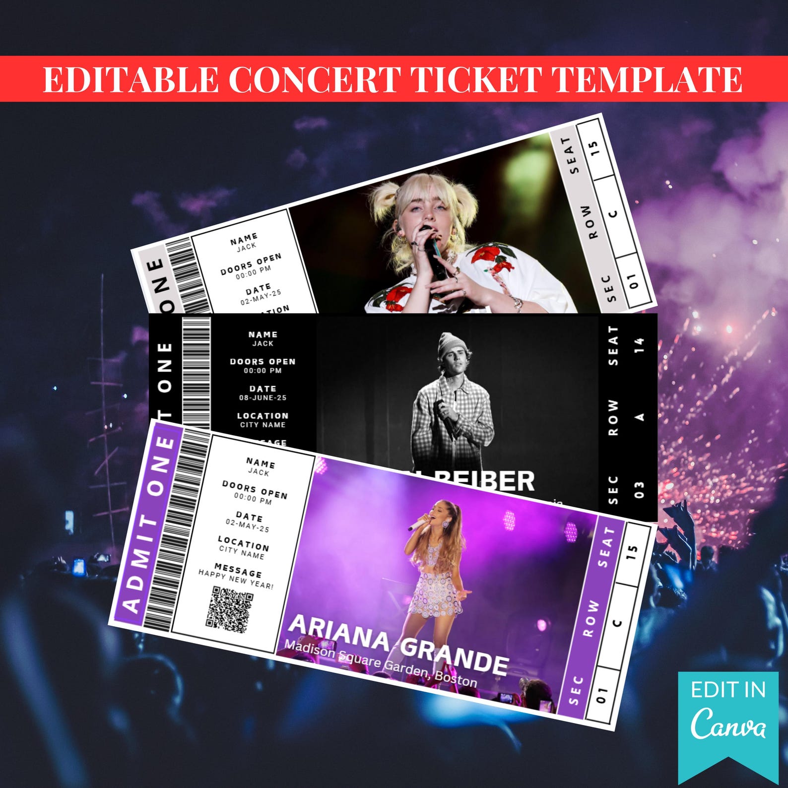 Editable Concert Ticket Template | Custom Concert Ticket | Printable ...