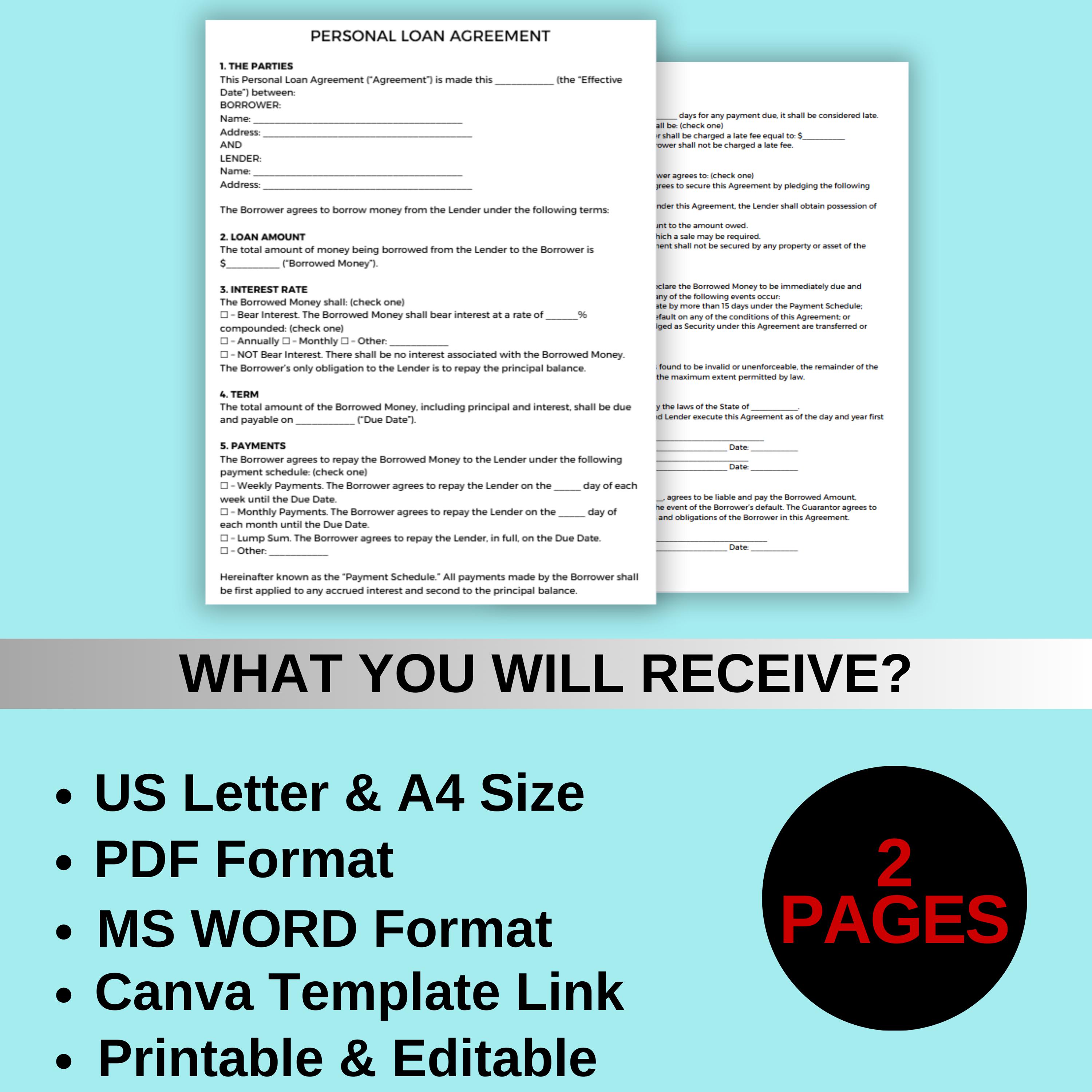 Personal Loan Agreement | Loan Contract | Loan Agreement | IOU ...