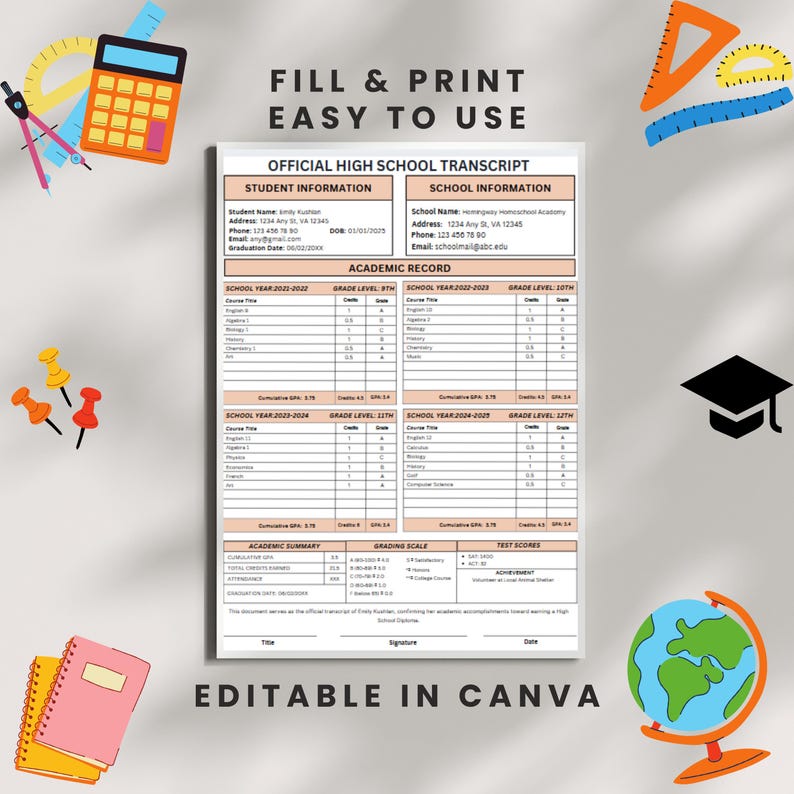 Fillable Printable High School Transcript Canva Template | Editable Academic Record for ...