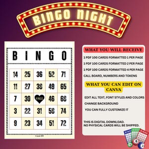 100 Bingo Cards Printable PDF | Canva Editable | 1, 2, 4 per Page ...