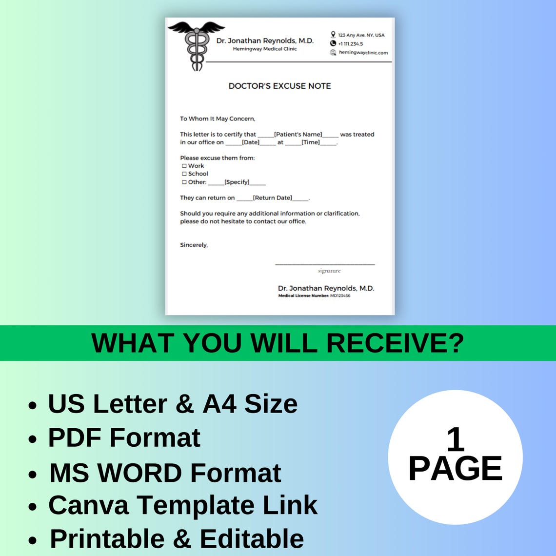 Editable Doctor’s Excuse Note Template | Printable Doctor’s Note | Work ...