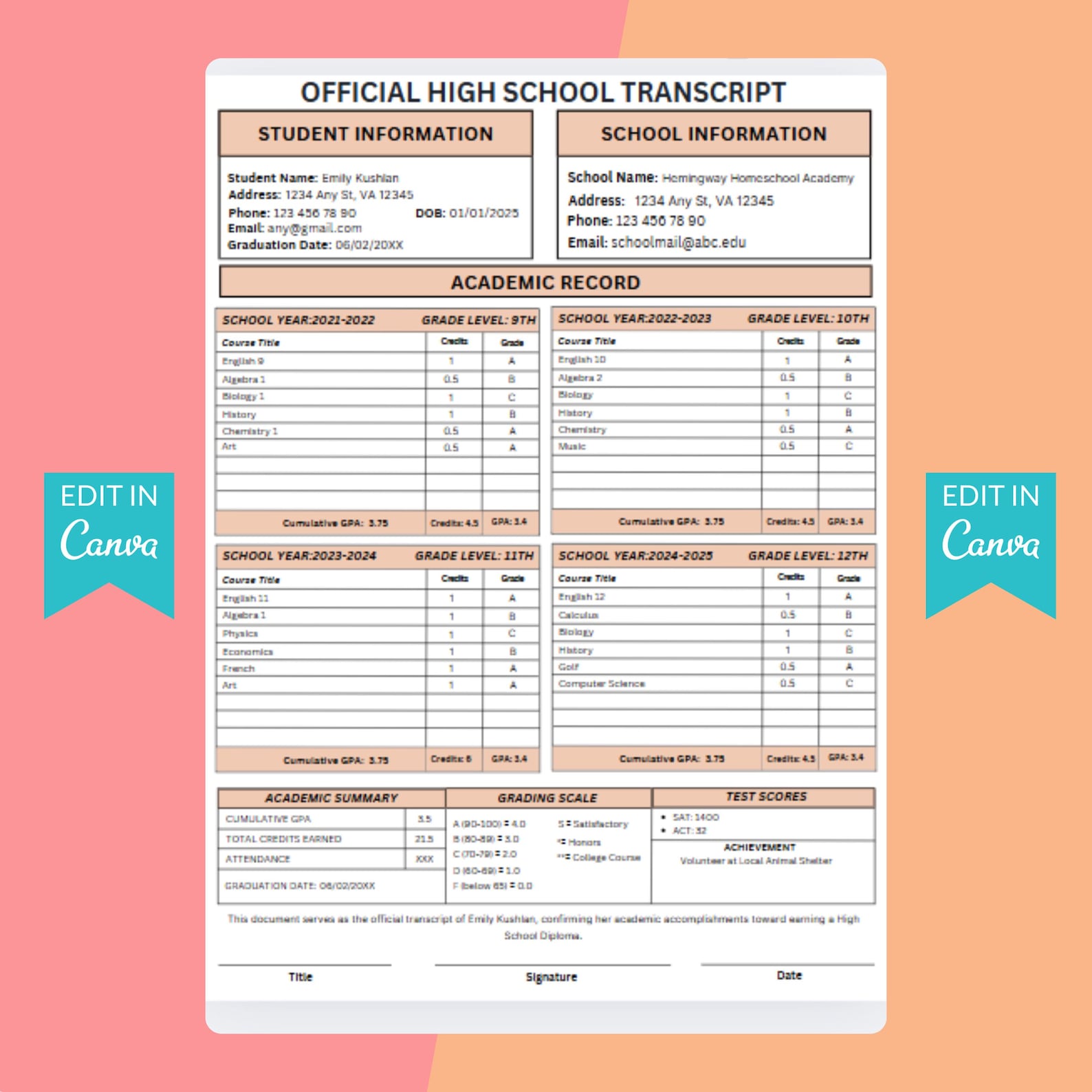 Fillable Printable High School Transcript Canva Template | Editable ...