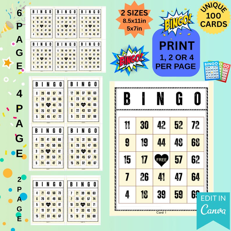 100 Bingo Cards Printable PDF | Canva Editable | 1, 2, 4 per Page ...