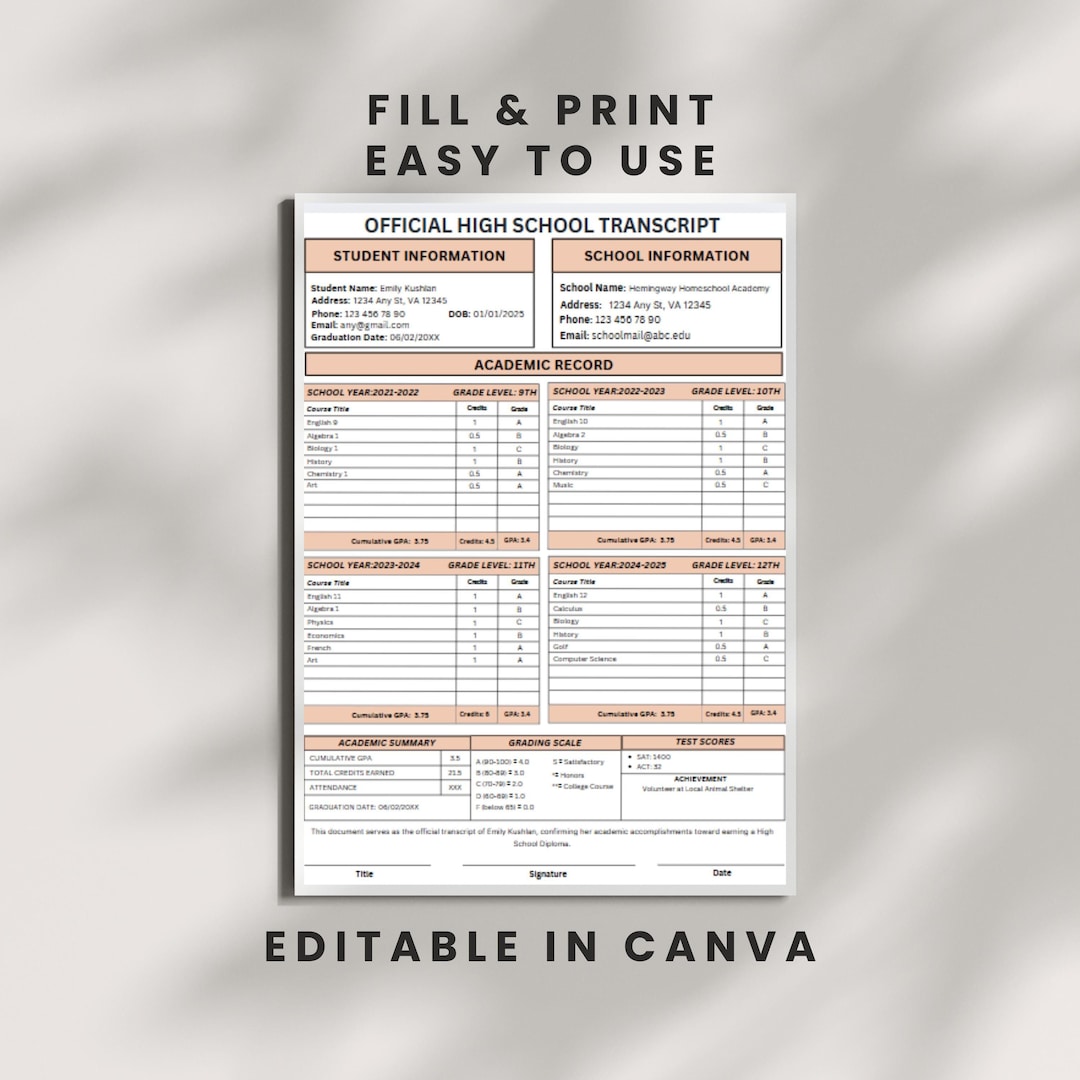 Fillable Printable High School Transcript Canva Template | Editable ...