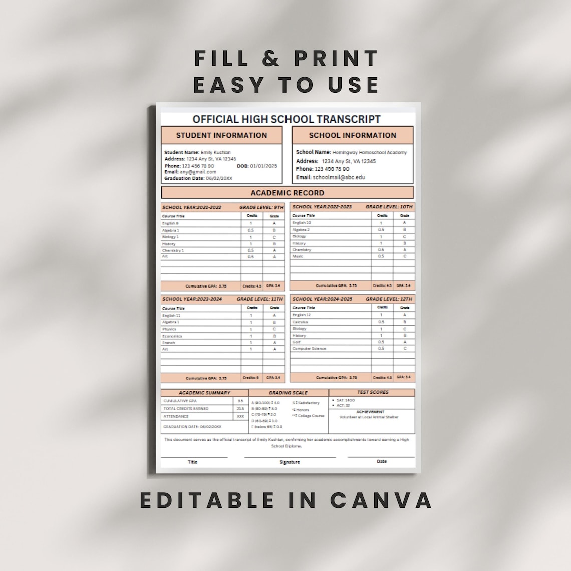 Fillable Printable High School Transcript Canva Template | Editable ...